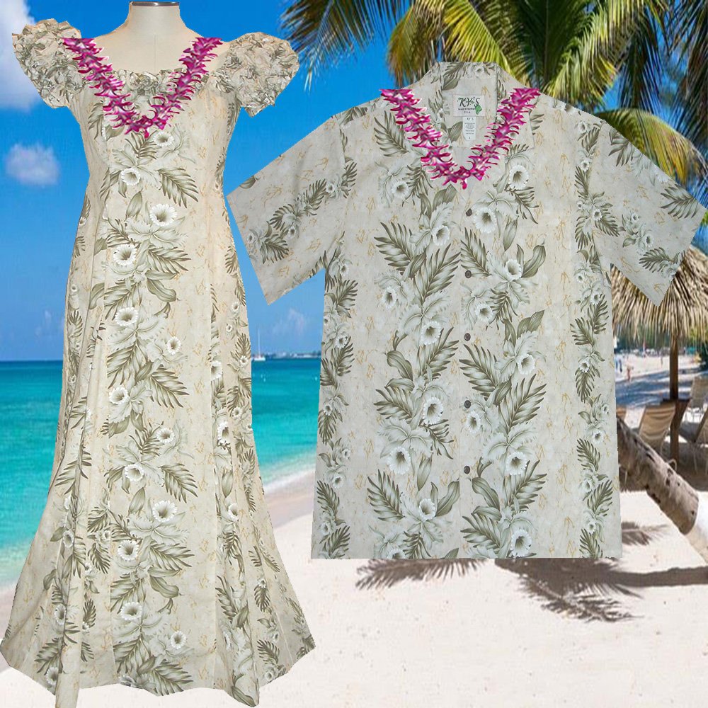 Wedding Long Muumuu Hawaiian Pern Orchid Panel Dress Matching Men's Sh ...